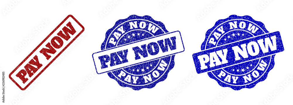 PAY NOW scratched stamp seals in red and blue colors. Vector PAY NOW ...