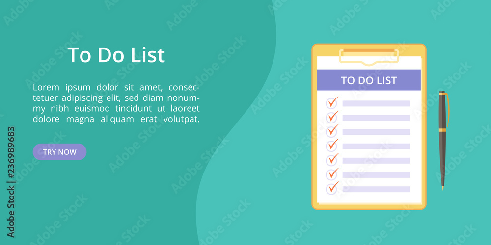 Todo list on clipboard with pen web template. Vector landing page ...