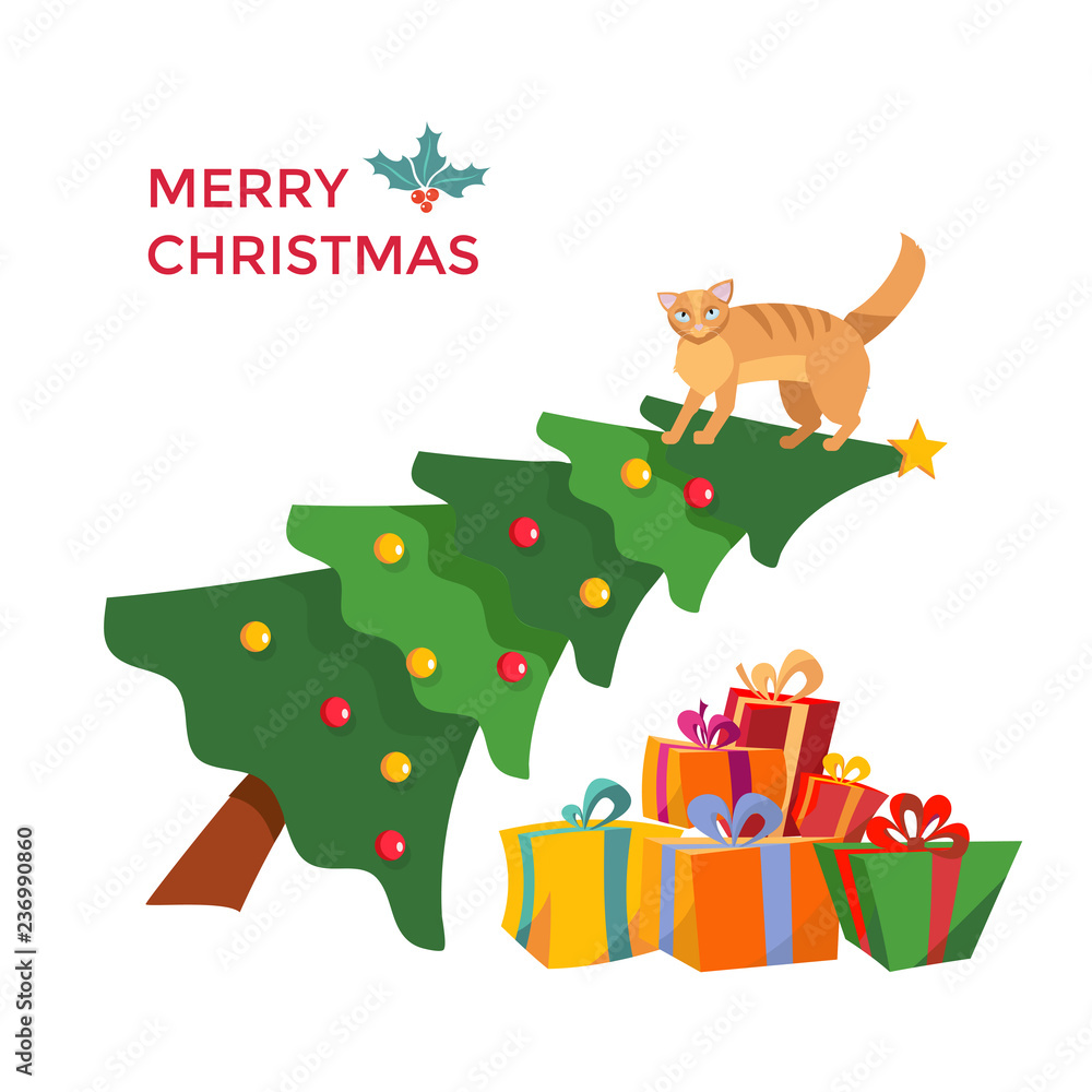 cat climbes on Christmas tree and sits on it. Greeting inscription ...