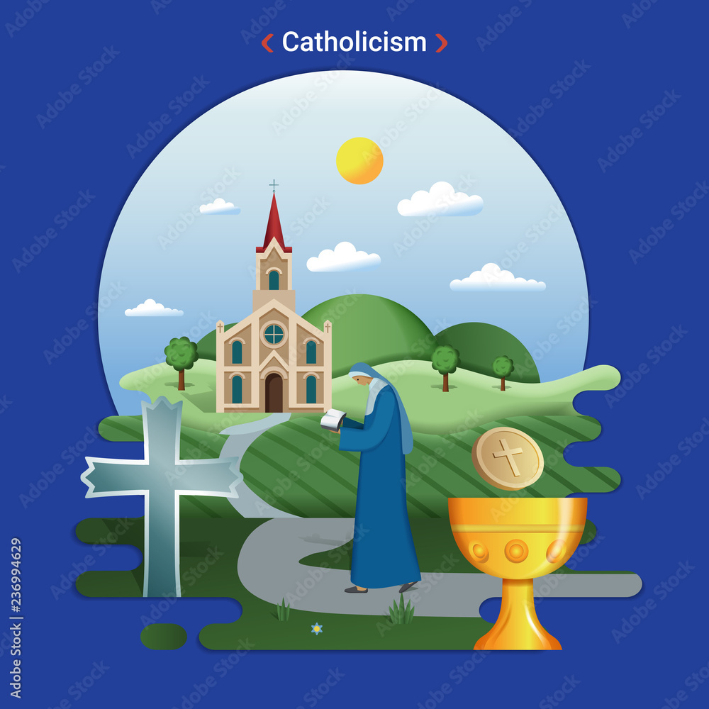 Flat rural landscape illustration symbolizing Catholicism. A Priest ...