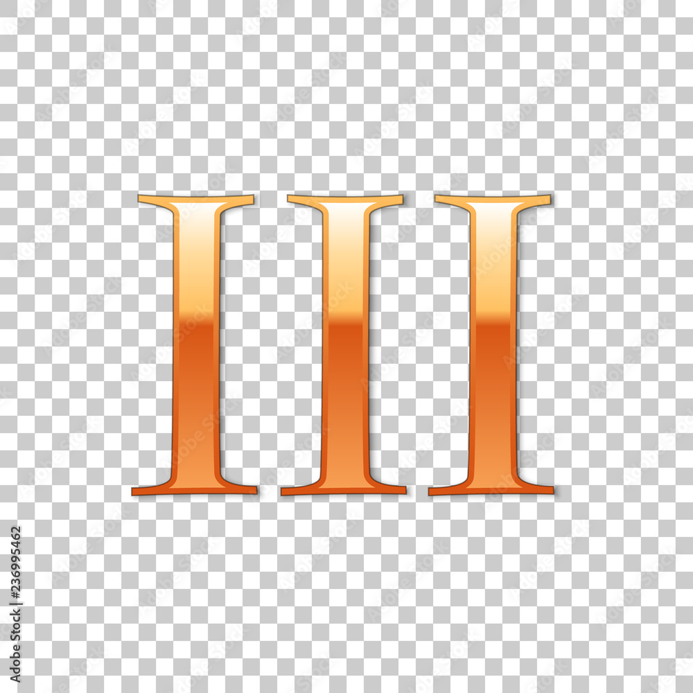 Golden Roman numeral number 3, III, three in alphabet letter isolated ...