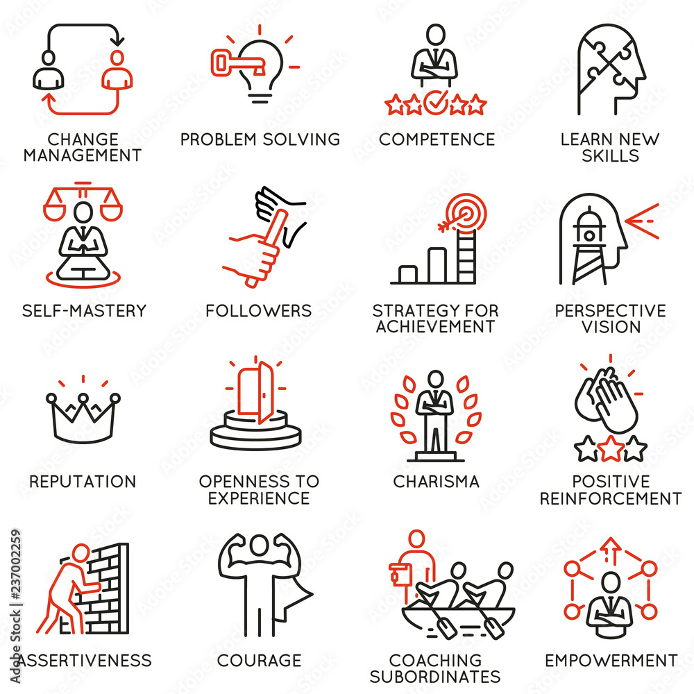 Vector set of linear icons related to skills, empowerment leadership ...