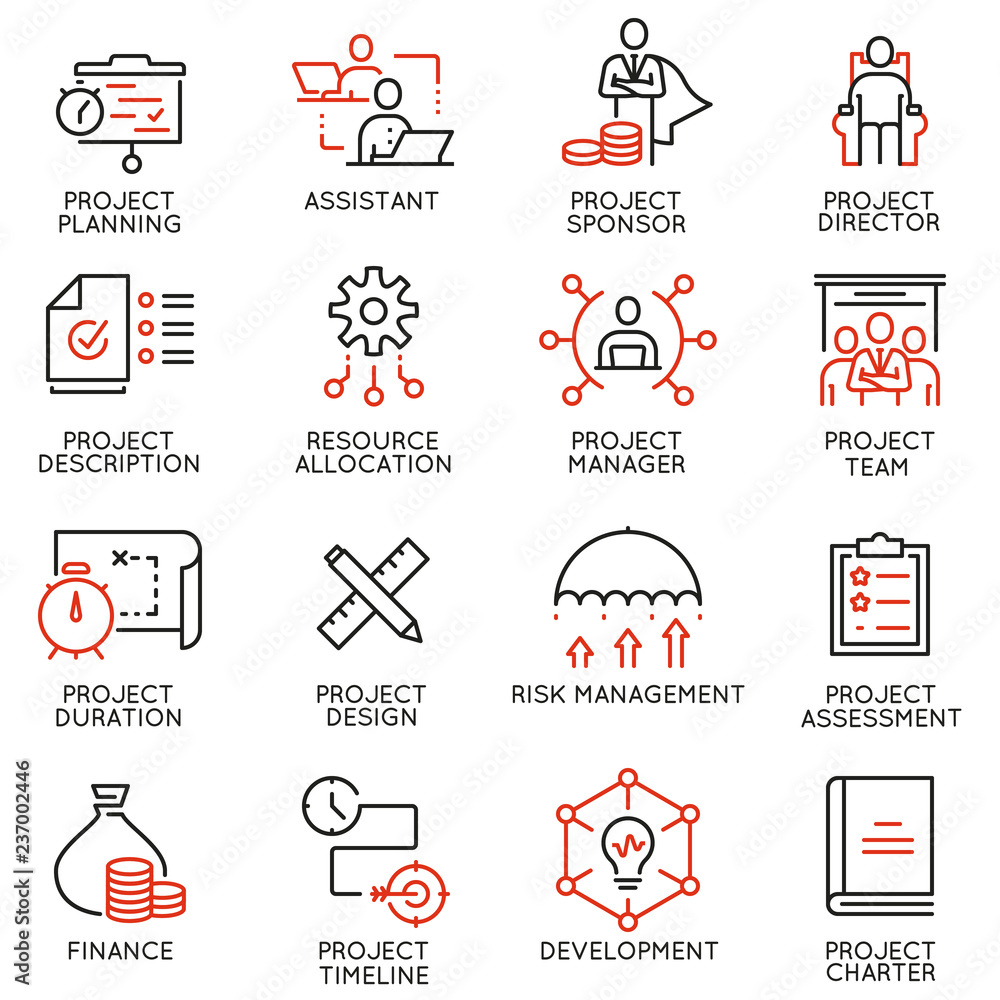Vector set of linear icons related to project management. Mono line ...