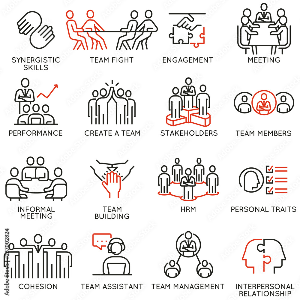 Vector set of linear icons related to business process, team work ...
