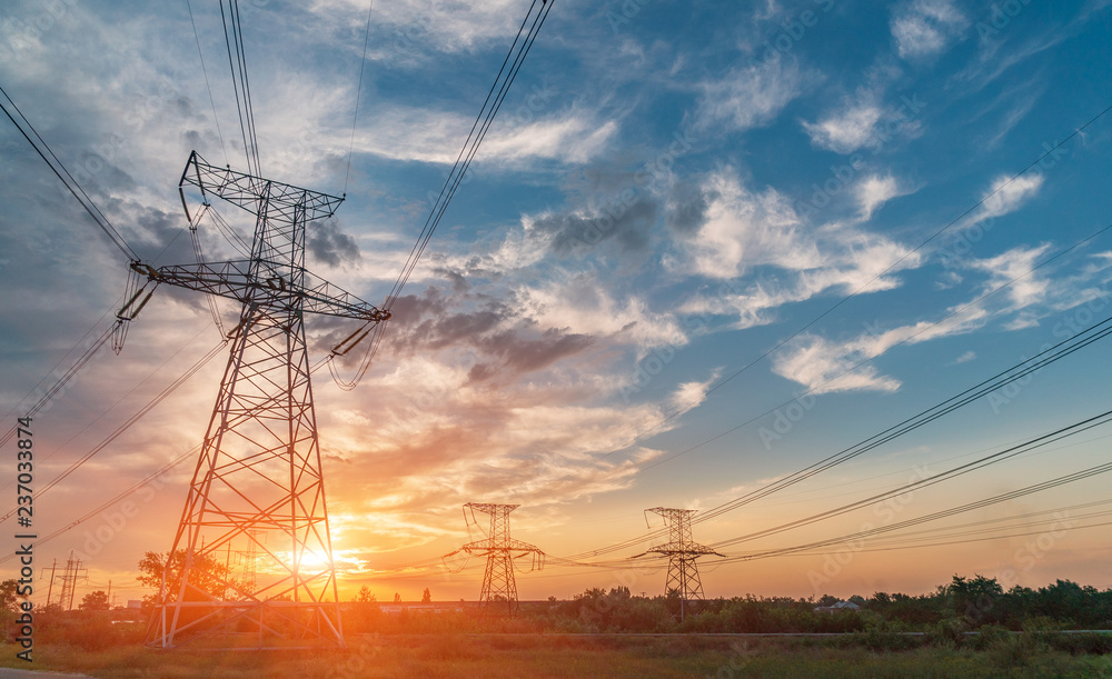 High-voltage power lines. Electricity distribution station. high ...