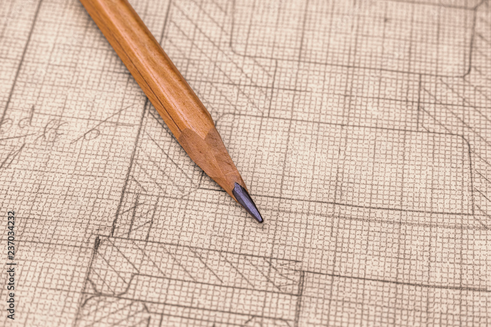 Old technical drawing on graph paper with pencil. Stock Photo | Adobe Stock