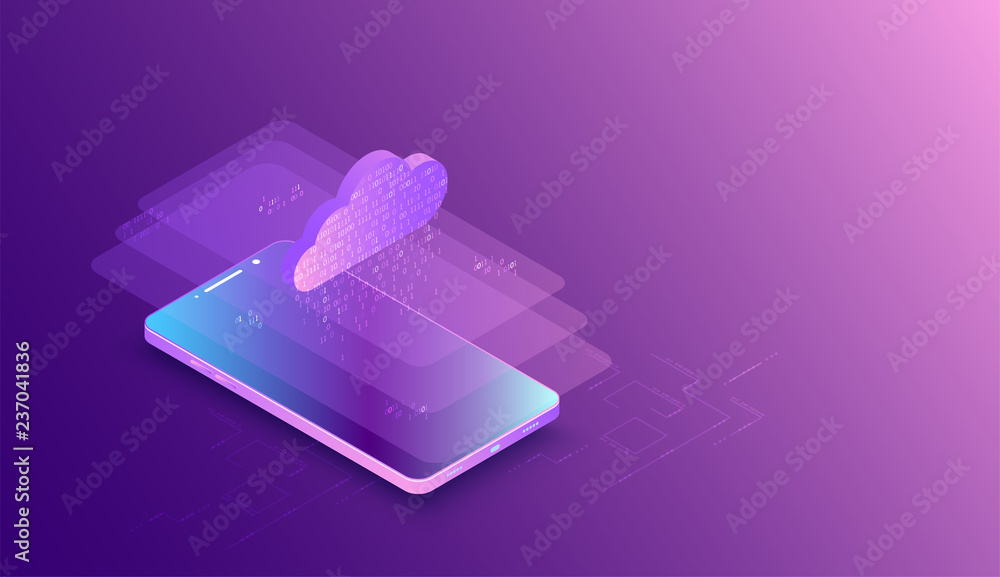 Isometric mobile phone. Вig data flow processing concept, cloud ...