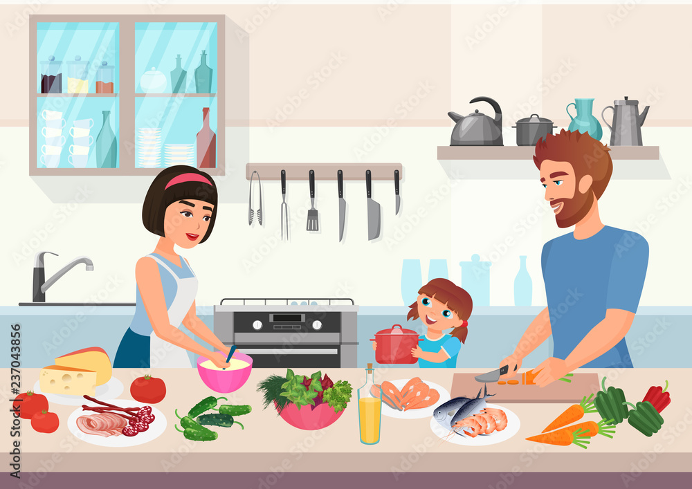Happy young family cooking. Father, mother and daughter kid cook dishes ...