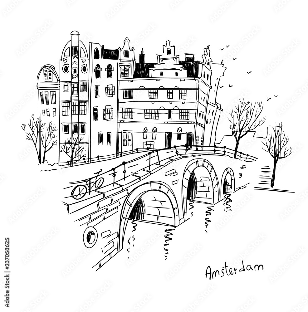 Vector sketch of Amsterdam city. Line drawing Stock Vector | Adobe Stock