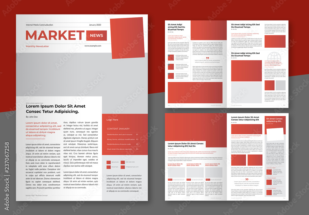 Business Newsletter Layout with Red and Dark Grey Accents Stock ...