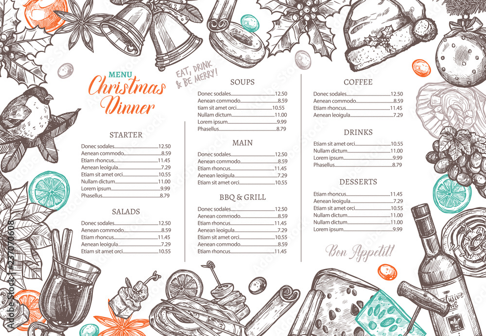 Christmas happy holiday layout of festive menu for festive dinner. Hand ...