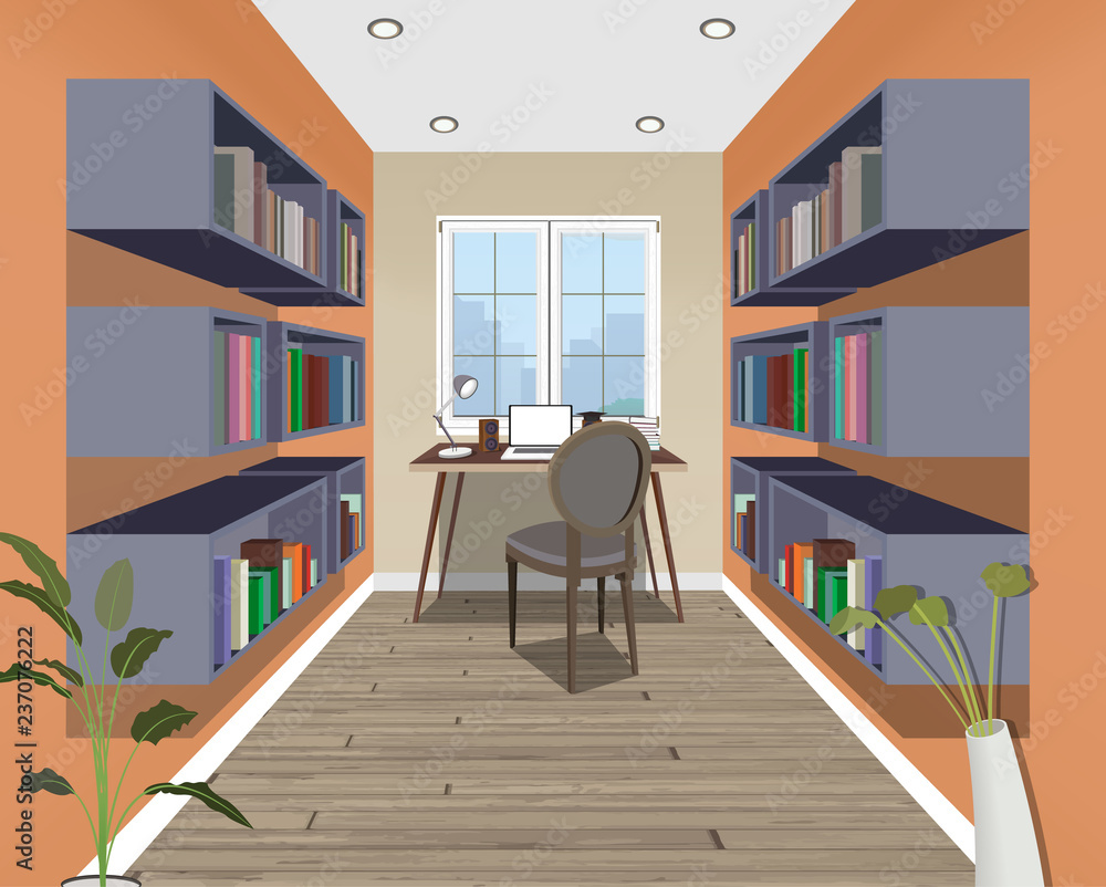 Vector living room. interior design with furniture: bookshelf, table ...