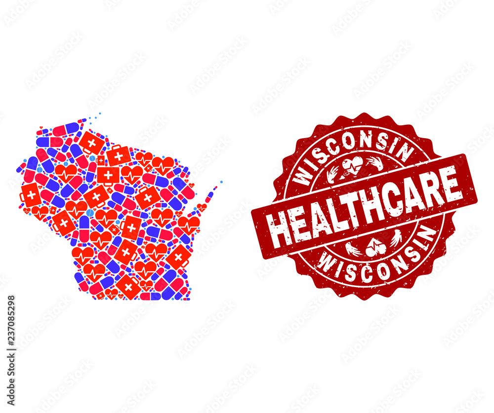 Healthcare composition of bright medical mosaic map of Wisconsin State ...