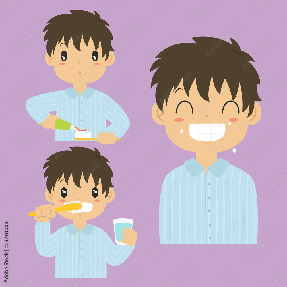 Brushing teeth activity cartoon vector collection. a boy putting a ...