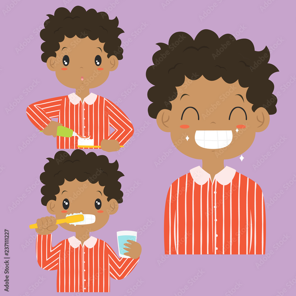 Brushing Teeth Activity Cartoon Vector Collection African American Boy brushing-teeth-activity-cartoon-vector-collection-african-american-boy