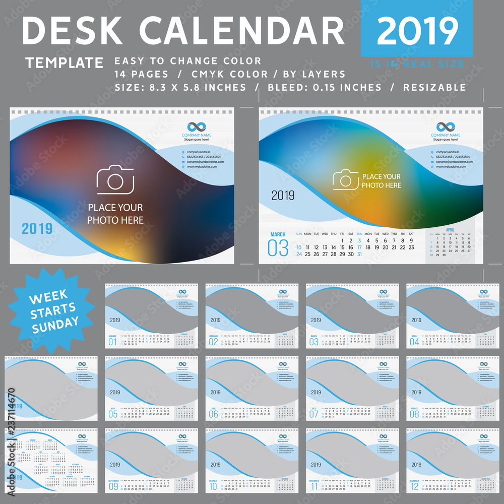 Desk calendar 2019, desktop calendar template, Week starts on Sunday ...