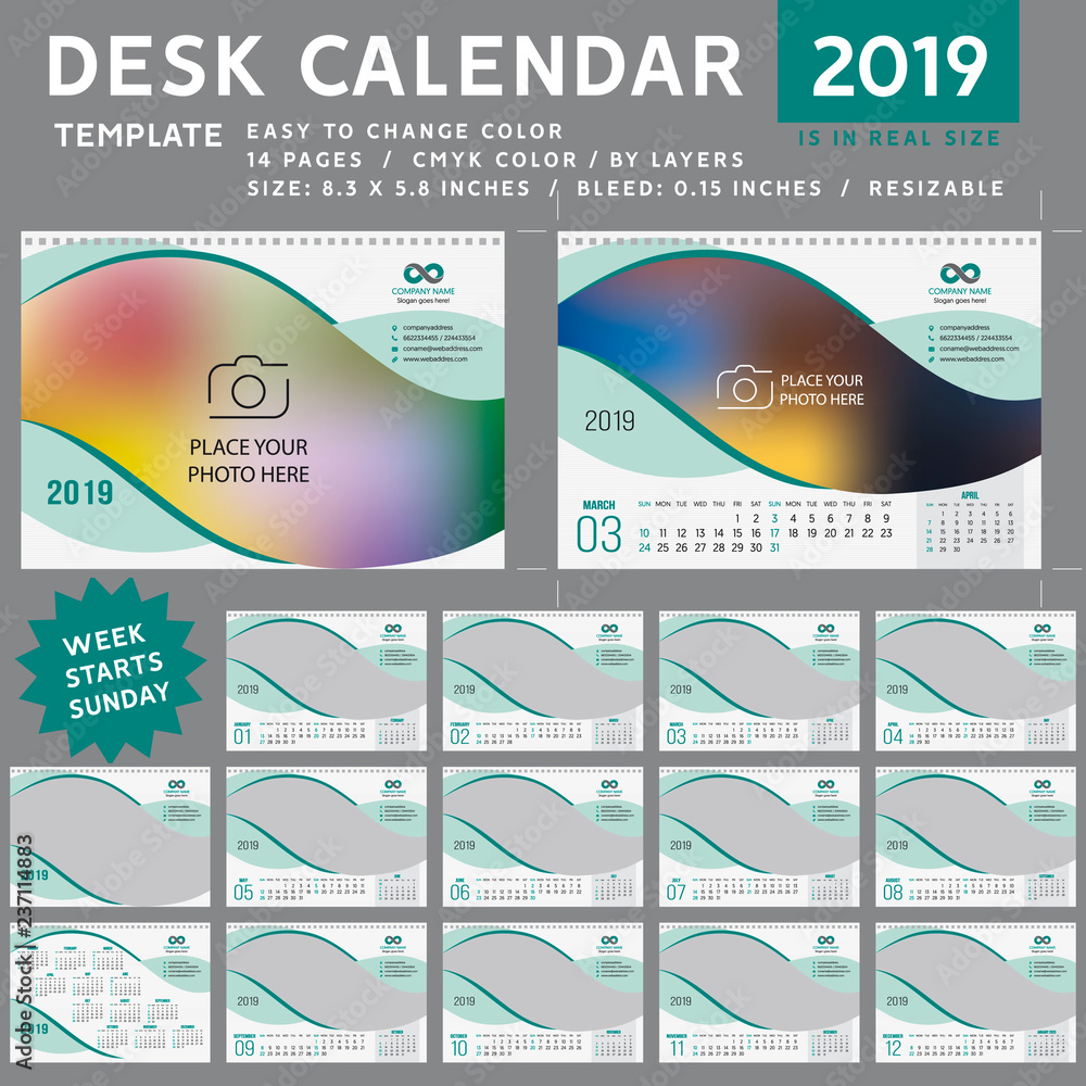 Desk calendar 2019, desktop calendar template, Week starts on Sunday ...