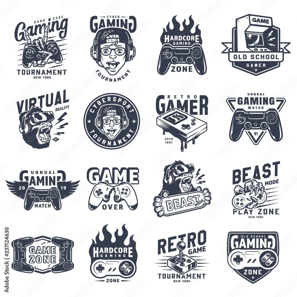 Vintage monochrome gaming emblems set Stock Vector | Adobe Stock