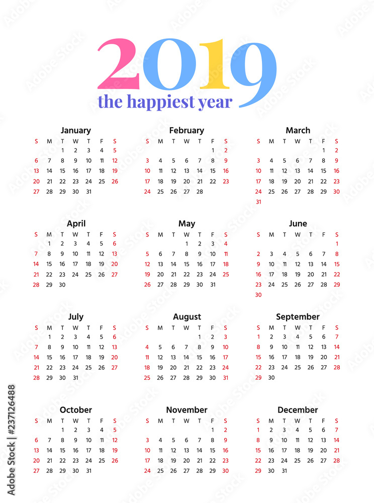 2019 Calendar. Vector. Stationery 2019 year vertical pocket template ...