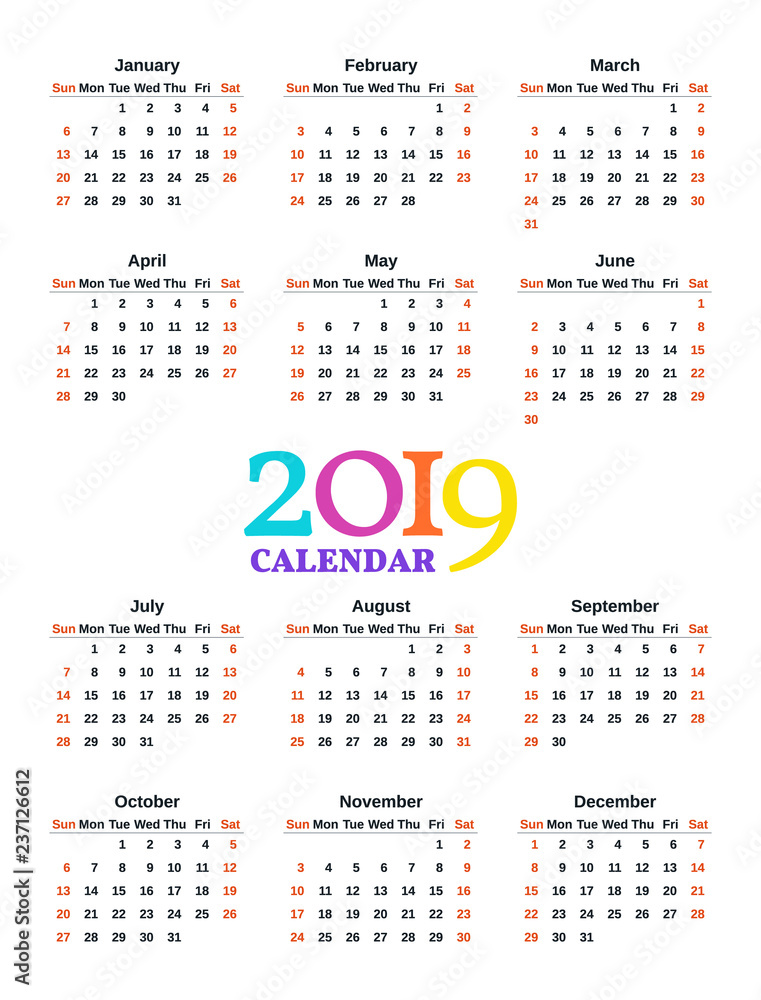 Calendar 2019. Vector. Week starts Sunday. Stationery 2019 year ...