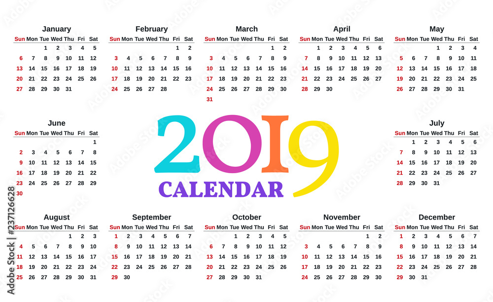 2019 Calendar. Vector. Week starts Sunday. Stationery 2019 year ...