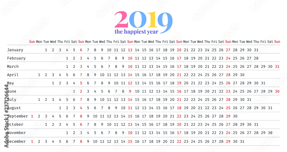 2019 calendar linear design. Vector. Stationery template 2019 year in ...