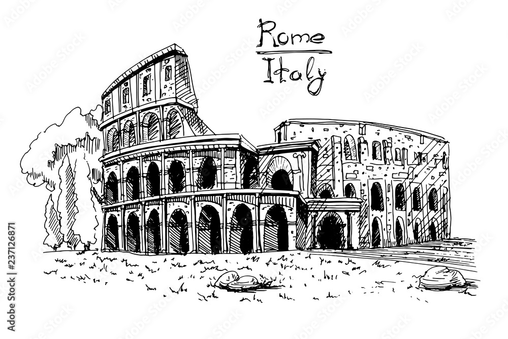 Vector sketch of The Coliseum or Flavian Amphitheatre, Rome, Italy ...
