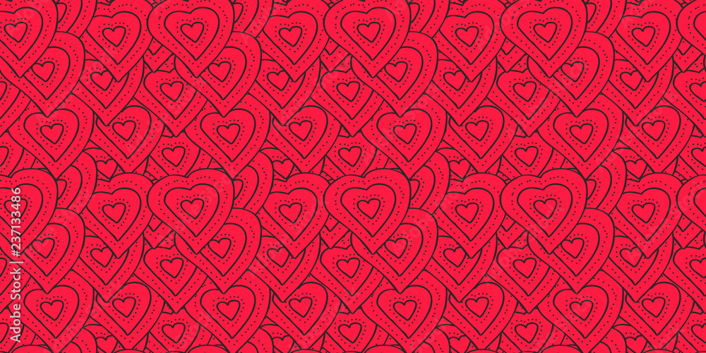 Vector seamless pattern bright red hearts in black outlines. Background ...