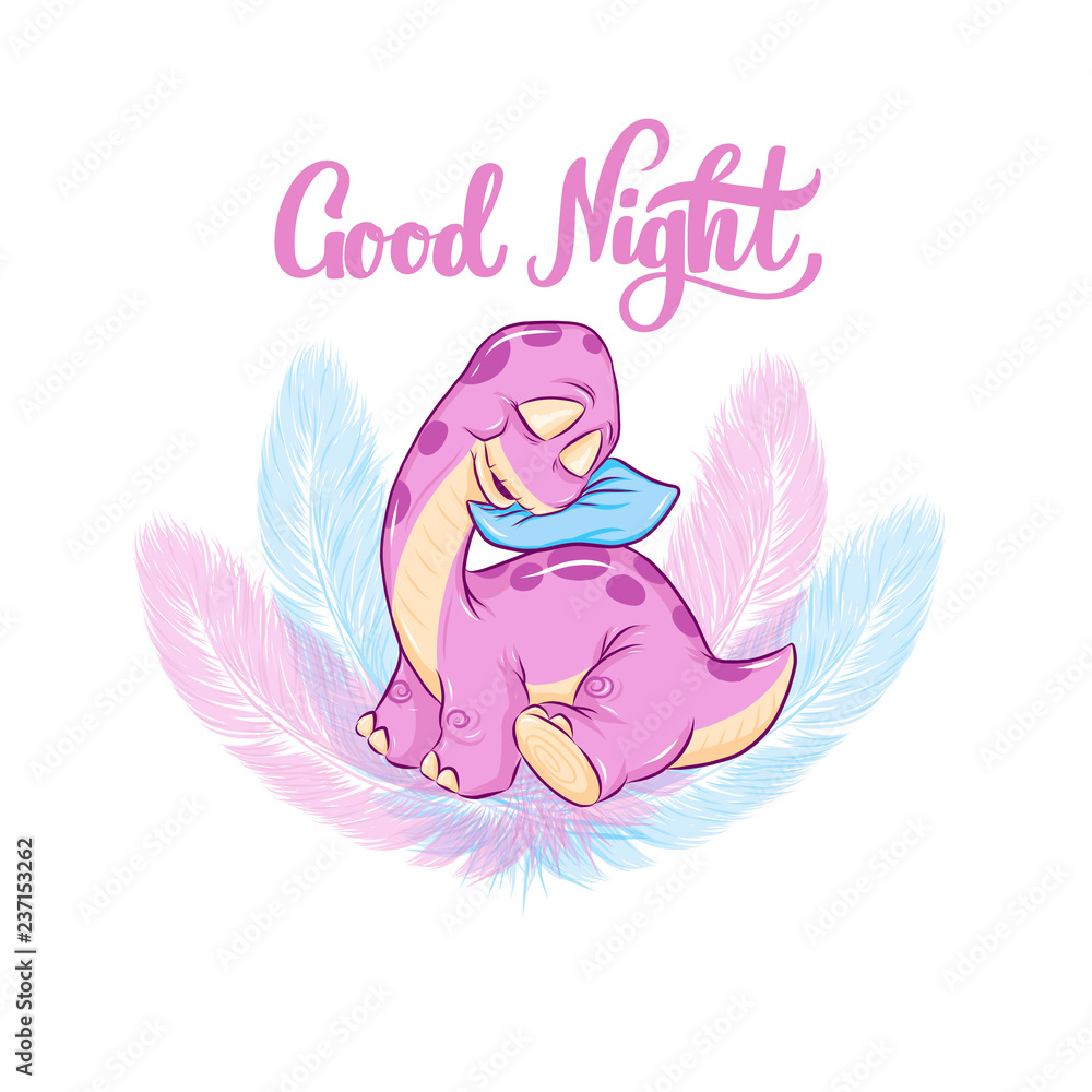 Sleeping baby dino with typography Good night . Vector hand drawn ...