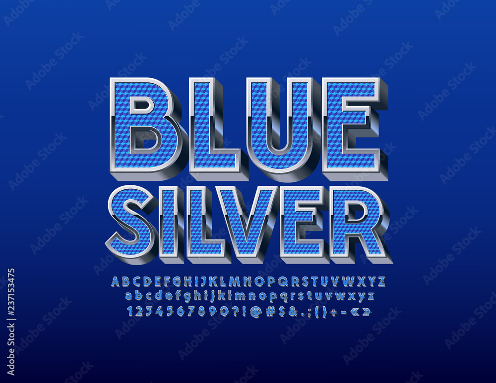 Vector Elegant 3D Font. Set of Blue and Silver Alphabet Letters ...