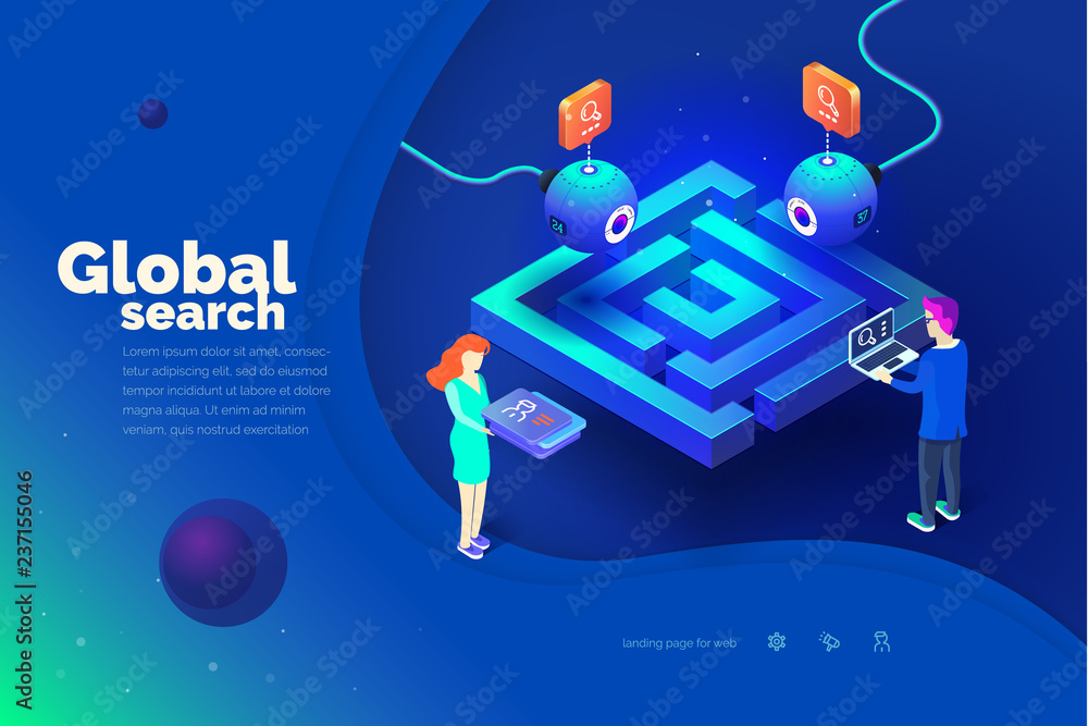 Global search. A man with a laptop interacts with a global tracking ...