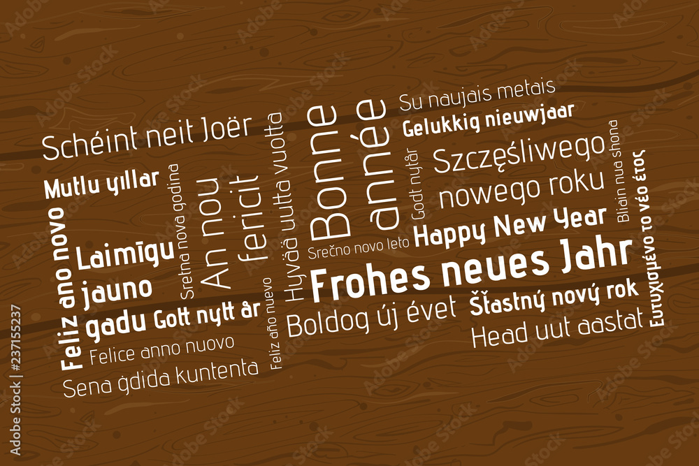 Happy New Year - multilingual text cloud wood Stock Vector | Adobe Stock