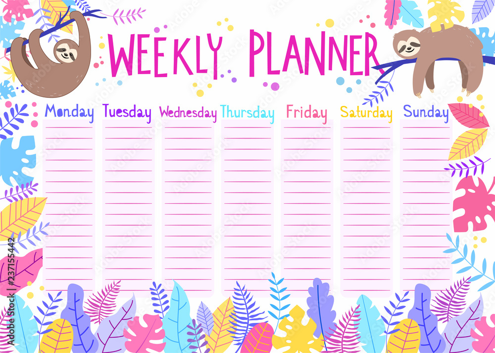 Weekly planner with cute sloth characters and tropical leaves in ...