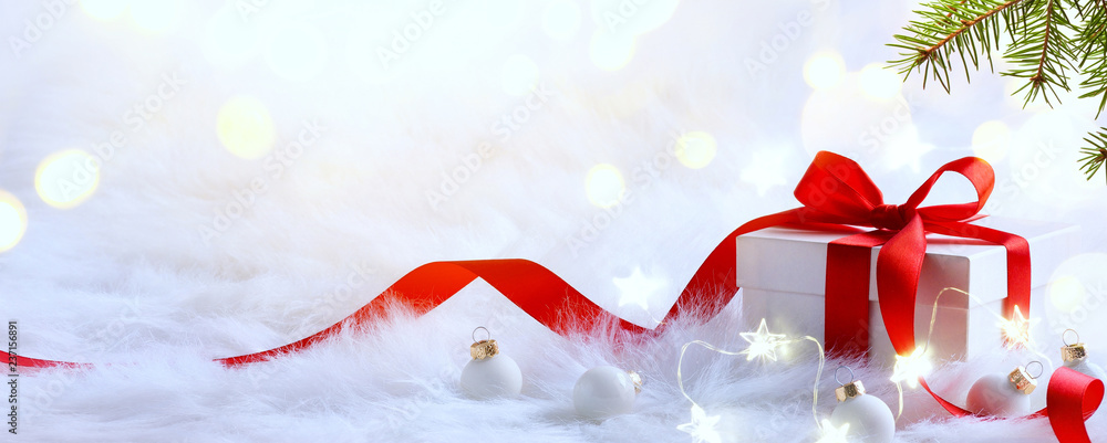 Christmas background with holidays gift box and Christmas decoration on ...