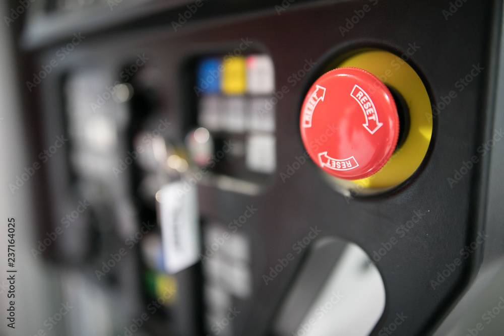 The red emergency button or stop button for Hand press. STOP Button for ...