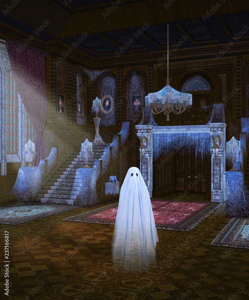 Haunted Halloween Mansion Entrance with Ghost at Night Stock ...