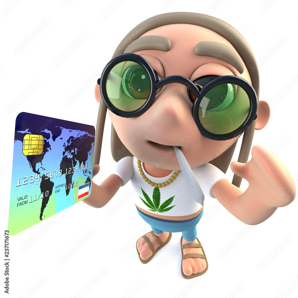 3d Funny cartoon hippy stoner character holding a credit debit card ...