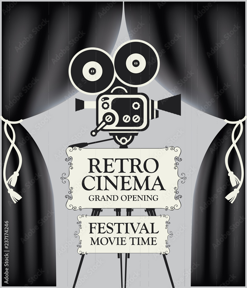 Vector poster for retro cinema movie festival with black Curtains and ...