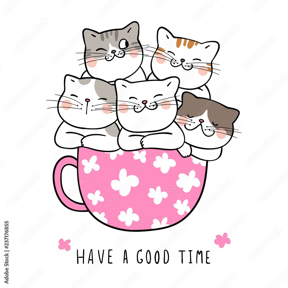 Draw cute cat in beauty cup of tea. Stock Vector | Adobe Stock