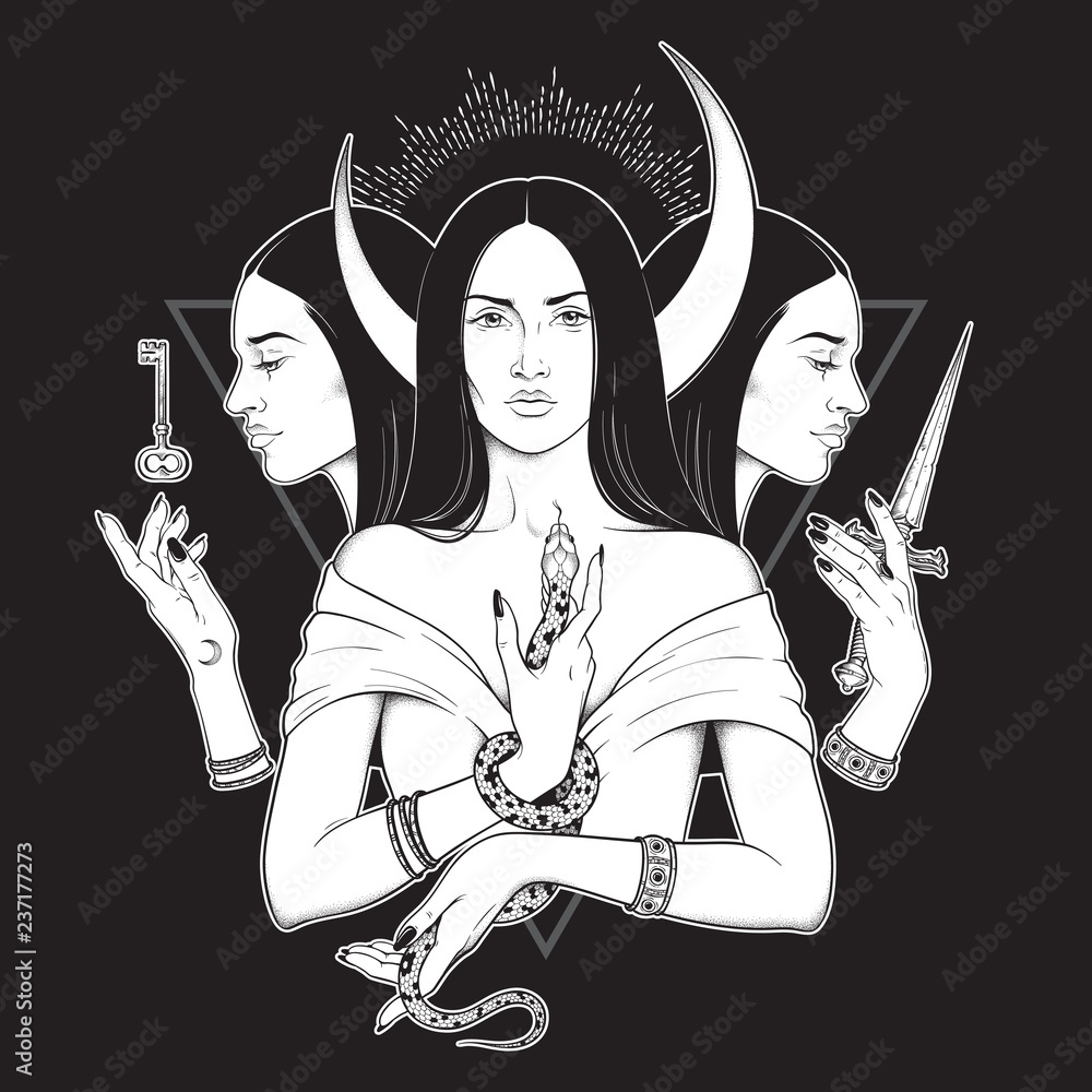 Triple lunar Goddess Hecate ancient Greek mythology hand drawn black ...