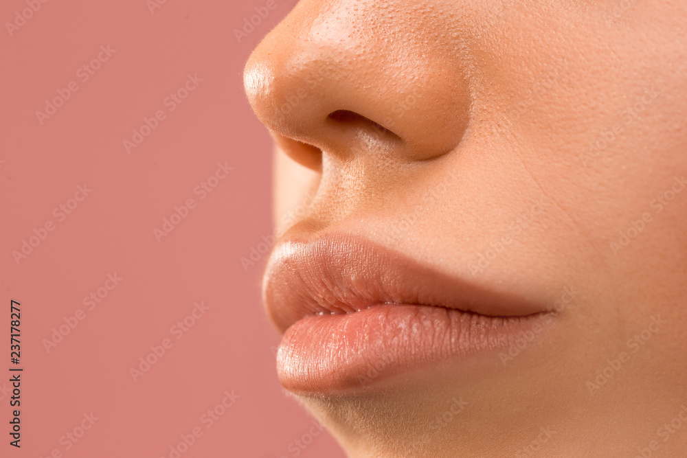 Beautiful woman face lips nose closeup beauty skin care concept Stock ...