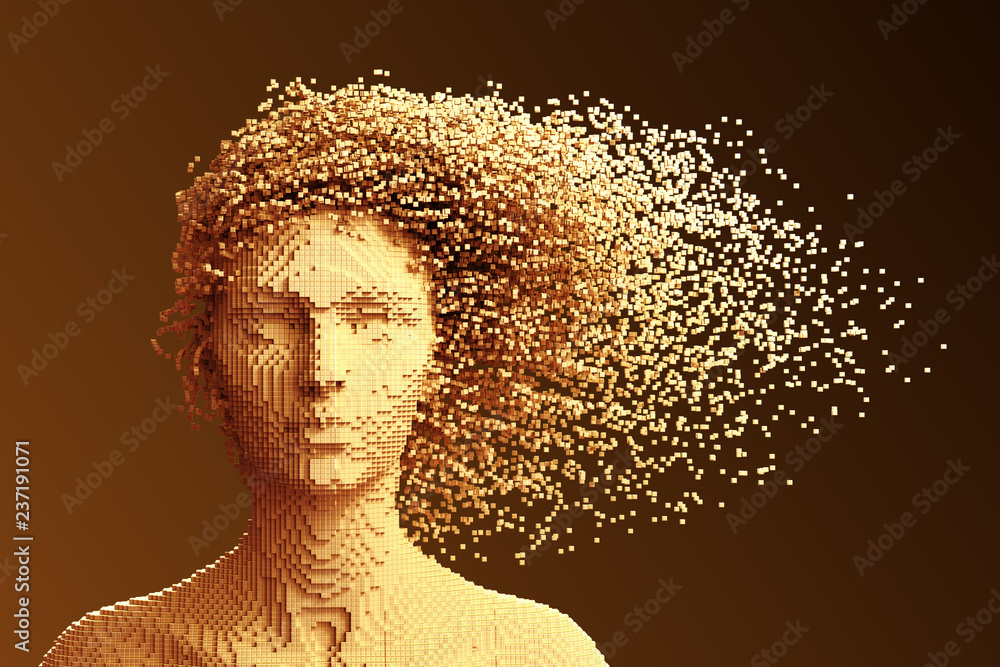 Gold Pixelated Head Of Woman And 3D Pixels As Hair Stock Illustration ...