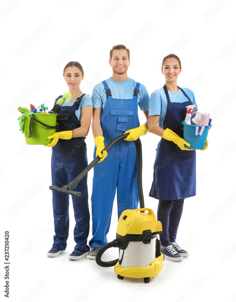 People with cleaning supplies on white background Stock Photo | Adobe Stock