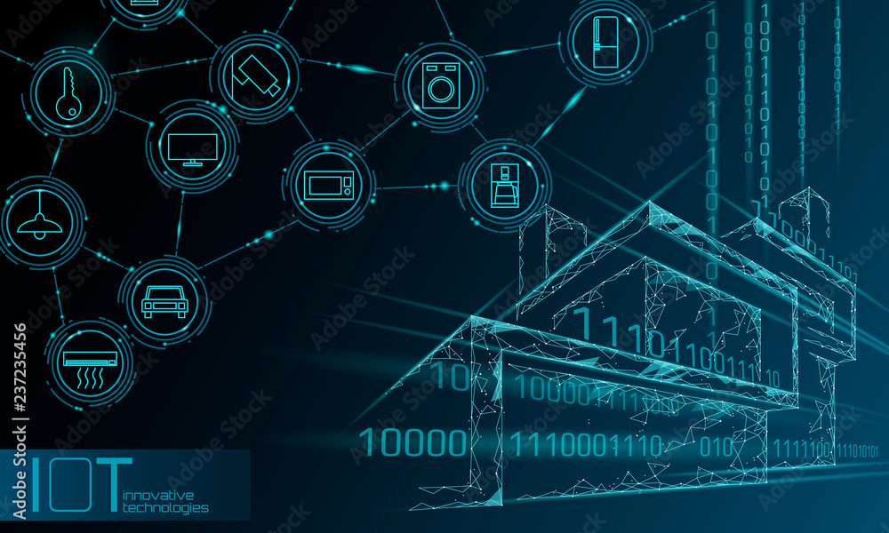 Internet of things low poly smart city 3D wire mesh. Intelligent ...