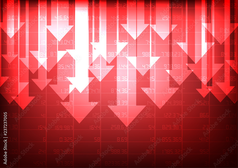 Vector : Red stock market with decreasing arrow on red background Stock ...