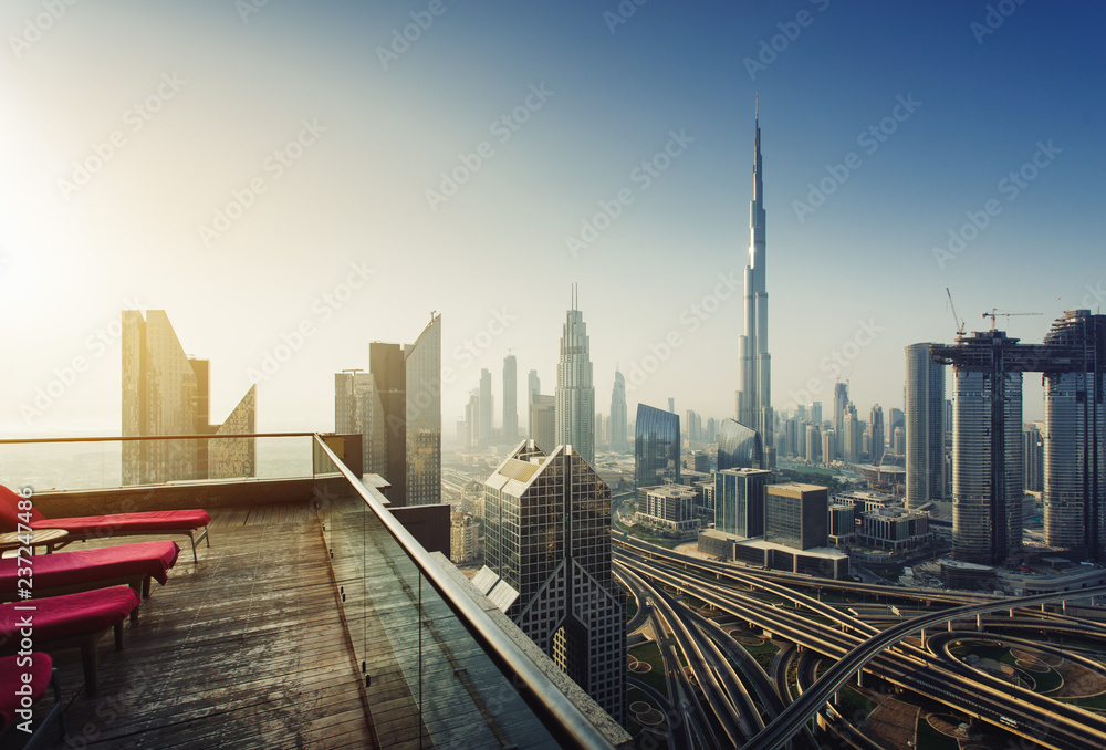 Dubai skyline in the morning sunrise, panoramic aerial top view to ...
