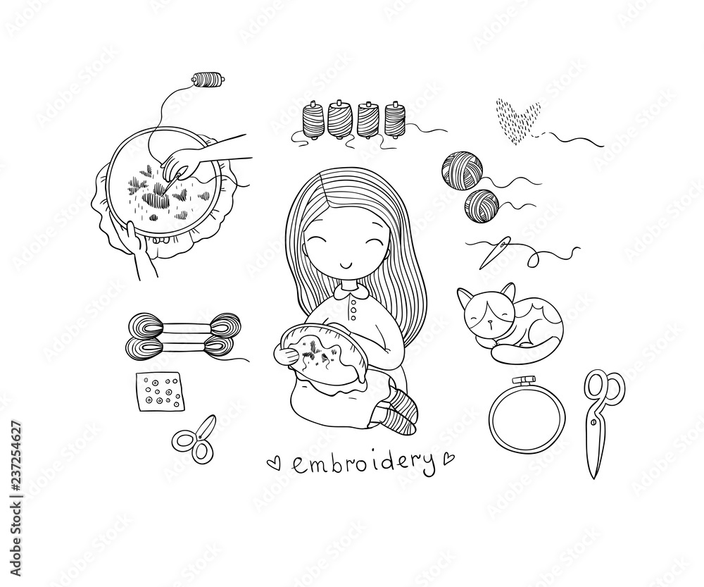 Cute cartoon girl embroiders a beautiful pattern. Sewing kit. isolated ...