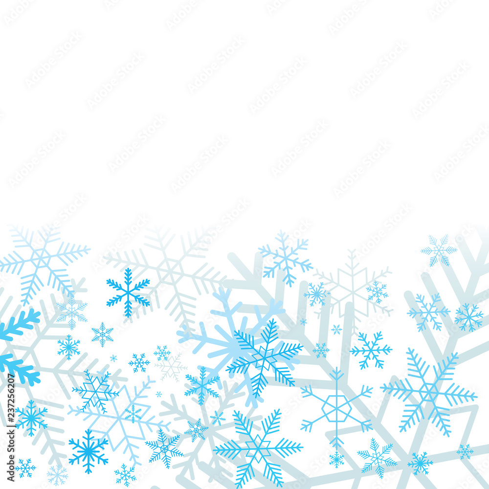 Blue snowflakes on white background with blank area for your message ...