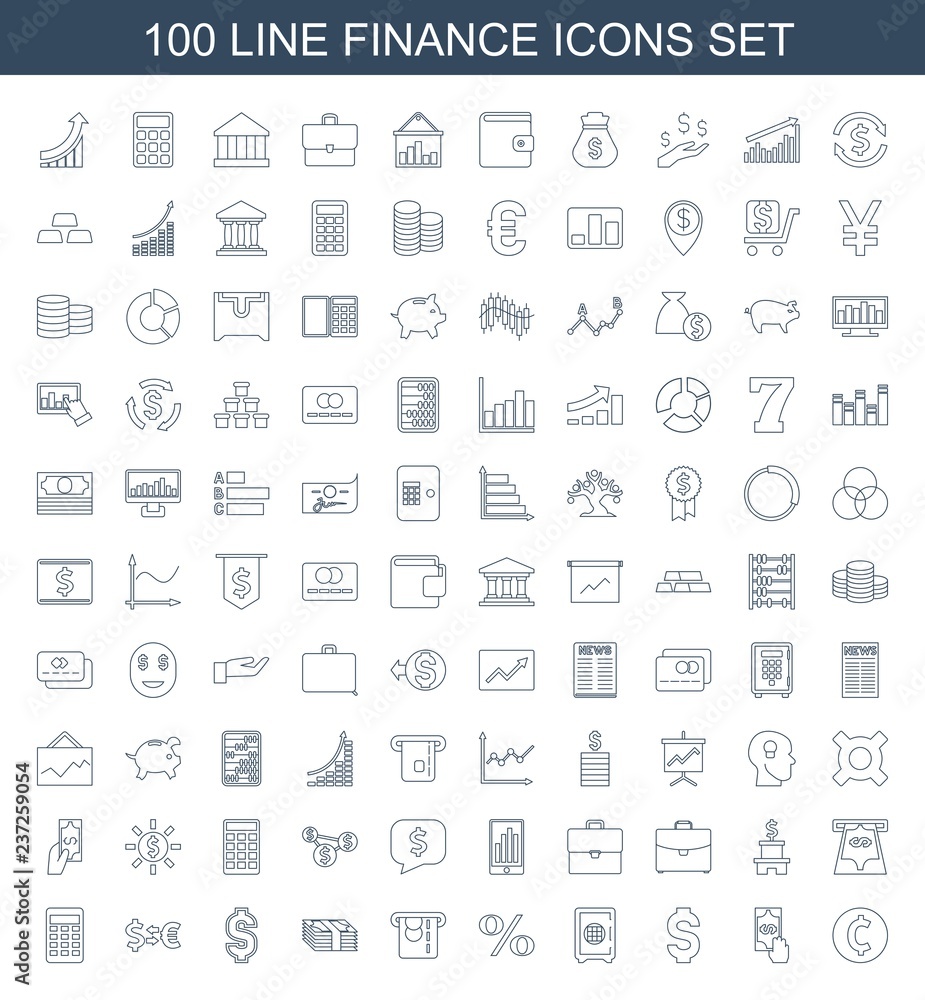 finance icons. Set of 100 line finance icons included coin, cash ...