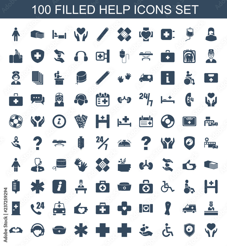 help icons. Set of 100 filled help icons included heart on hand, health ...